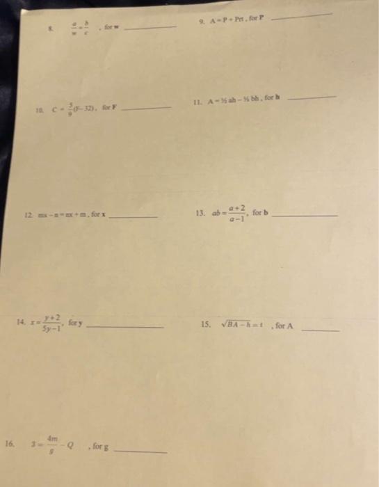 Solved Pre-AP Algebra II - Literal Equations Solve each | Chegg.com