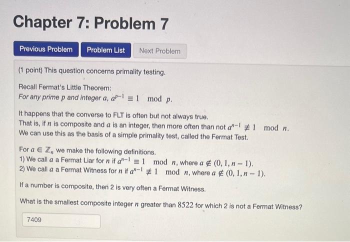 (1 point) This question concerns primality testing. | Chegg.com