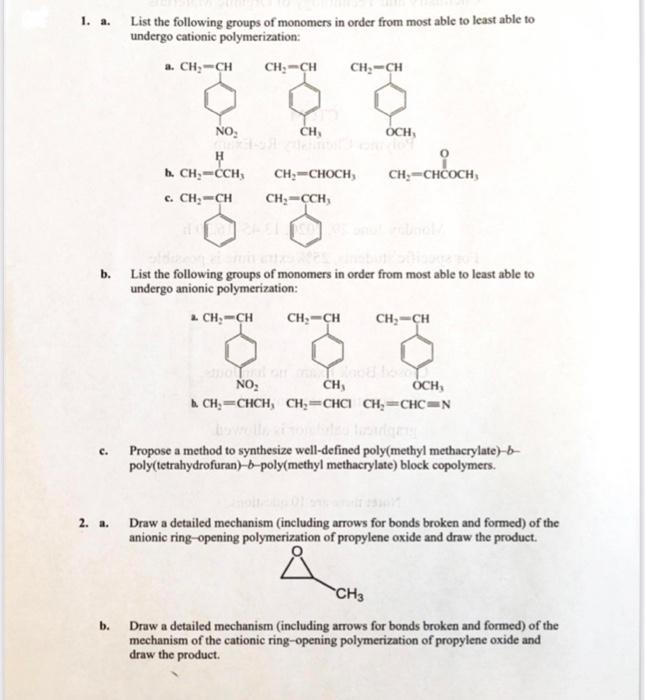Solved 1. a. List the following groups of monomers in order | Chegg.com