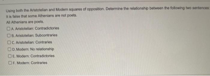 Using both the Aristotelian and Modern squares of | Chegg.com