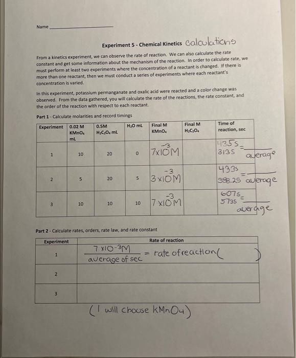 Solved Experiment 5 - Chemical Kinetics CalCulatiCn5 From a | Chegg.com