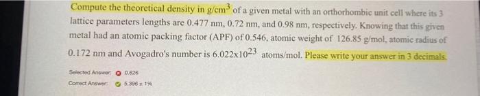 Solved Compute the theoretical density in g/cm3 of a given | Chegg.com
