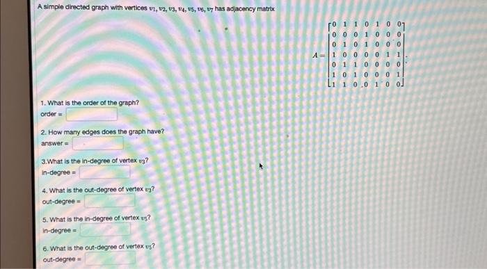 Solved A simple directed graph with vertices | Chegg.com