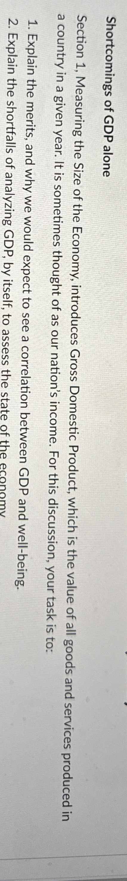 Solved Shortcomings of GDP aloneSection 1, ﻿Measuring the | Chegg.com