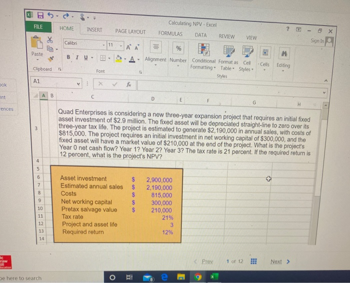 Solved 5- Calculating NPV - Excel FILE HOME INSERT PAGE | Chegg.com