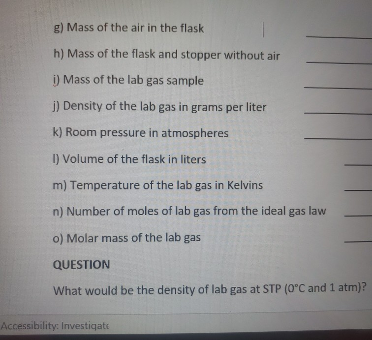 g) Mass of the air in the flask h) Mass of the flask | Chegg.com