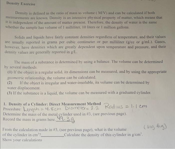 Solved Density Exercise Density is defined as the ratio of | Chegg.com