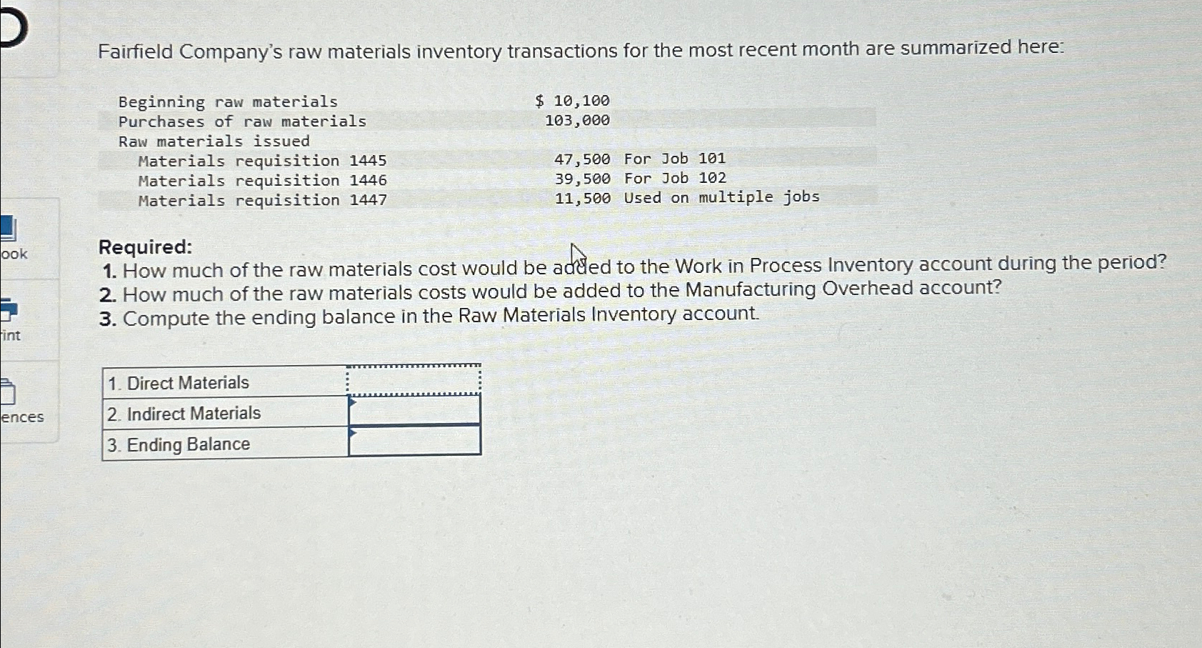 Solved Fairfield Company's raw materials inventory | Chegg.com