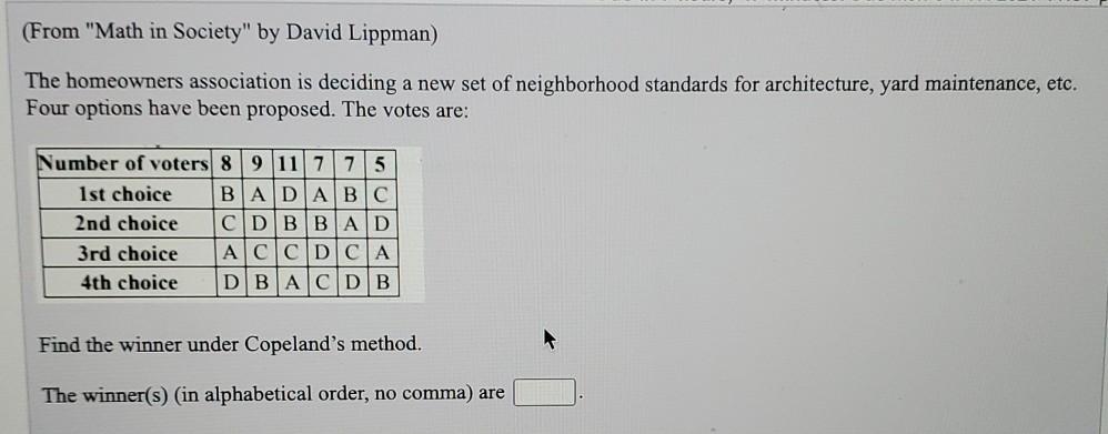 Solved (From "Math in Society" by David Lippman) The | Chegg.com