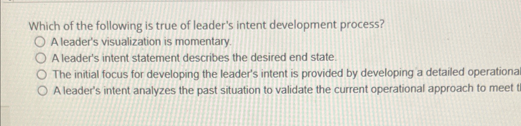 Solved Which of the following is true of leader's intent | Chegg.com