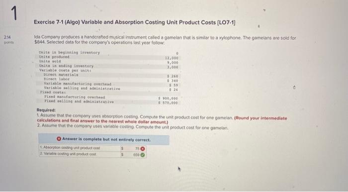 Solved Exercise 7-1 (Algo) Variable and Absorption Costing | Chegg.com