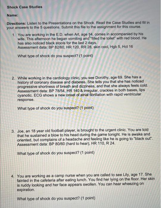 Solved Shock Case Studies Name: Directions: Listen to the | Chegg.com
