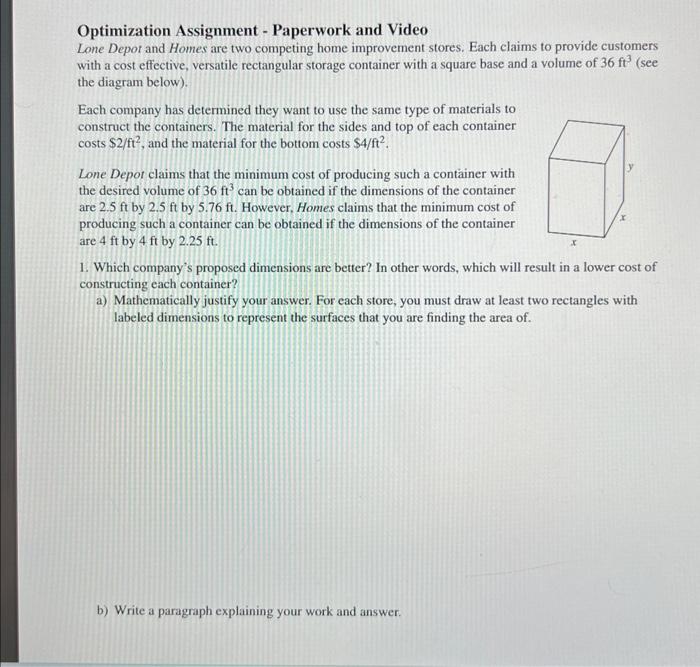 Optimization Assignment - Paperwork and Video Lone | Chegg.com