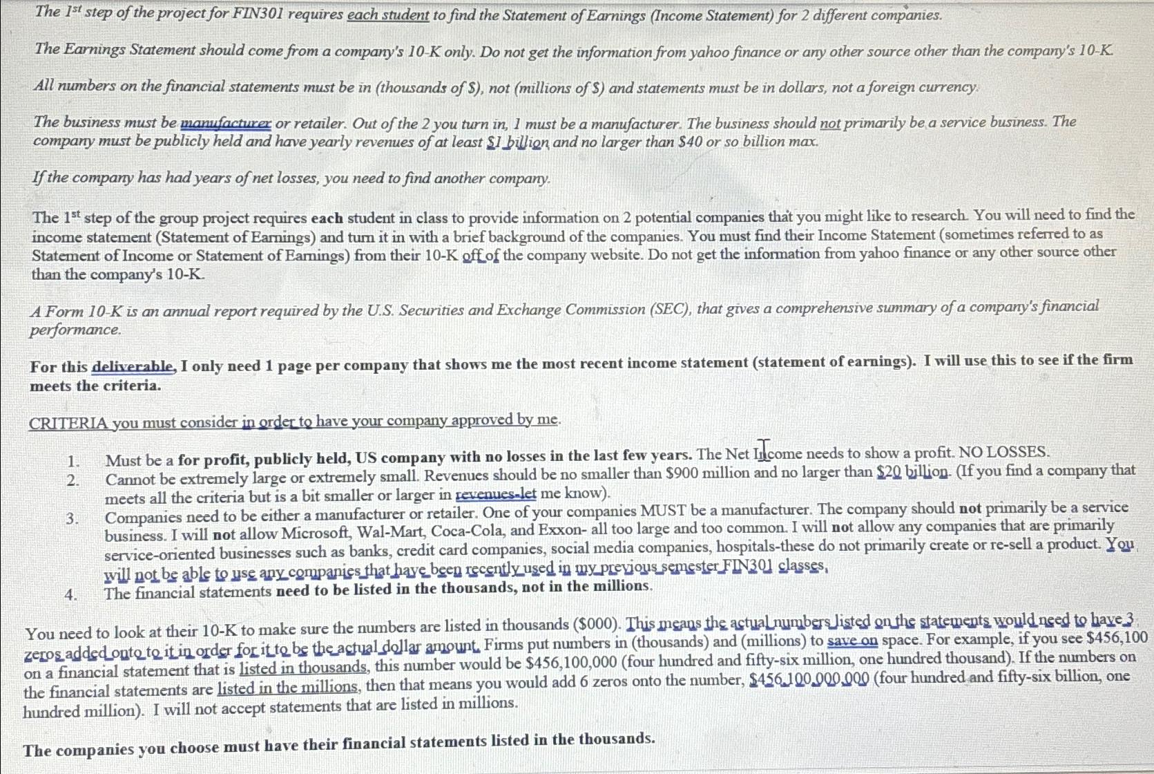 Solved The 1st ﻿step of the project for FIN301 ﻿requires | Chegg.com