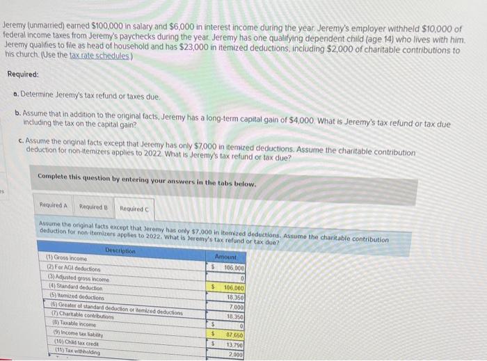 Solved Jeremy (unmarried) earned $100,000 in salary and | Chegg.com