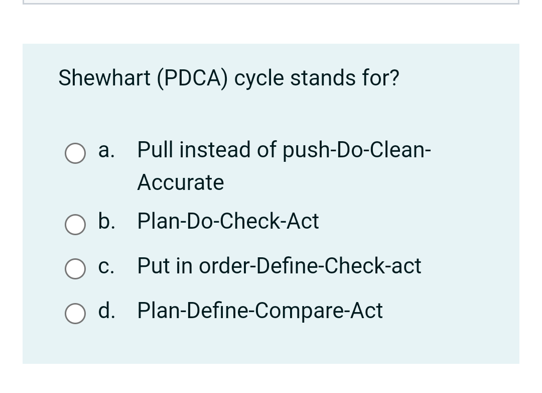 Solved Shewhart (PDCA) cycle stands for? a. Pull instead of | Chegg.com