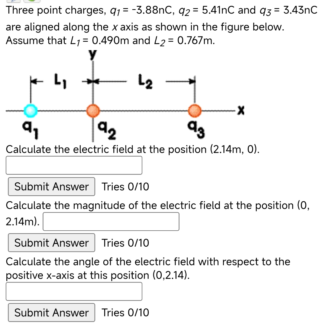 Solved Three point charges, q1=-3.88nC,q2=5.41nC ﻿and | Chegg.com