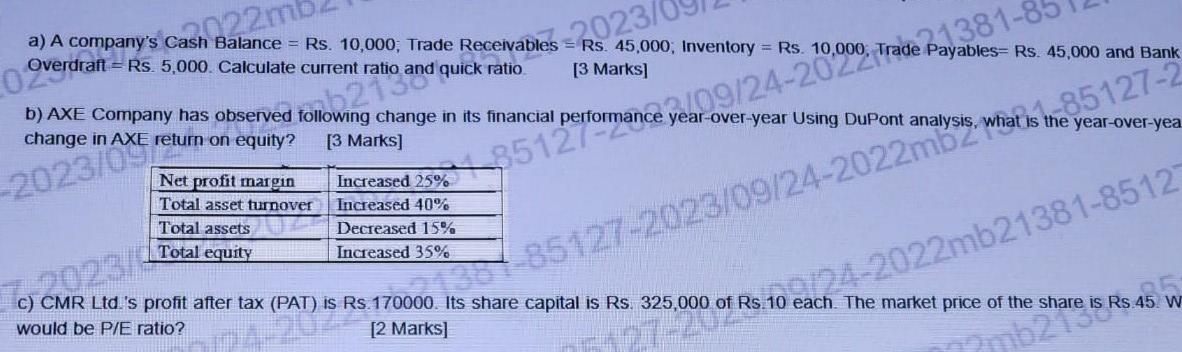 Solved a) A company's Cash Balance = Rs. 10,000 ; Trade | Chegg.com