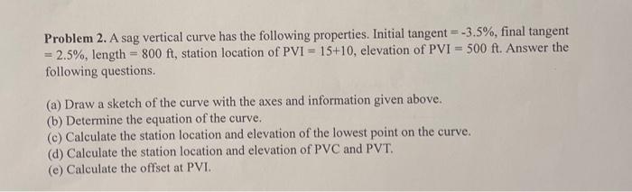 Solved Problem 2. A sag vertical curve has the following | Chegg.com