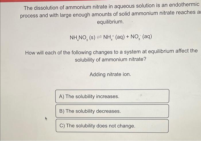Solved The dissolution of ammonium nitrate in aqueous | Chegg.com