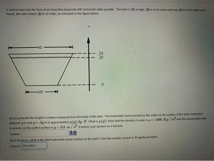 Solved A vertical dam has the form of an isosceles trapezoid | Chegg.com