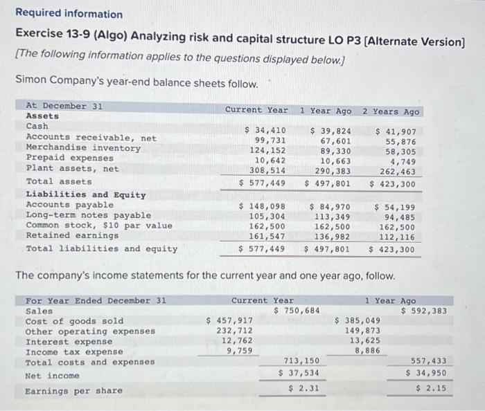 Solved Required information Exercise 13-9 (Algo) Analyzing | Chegg.com