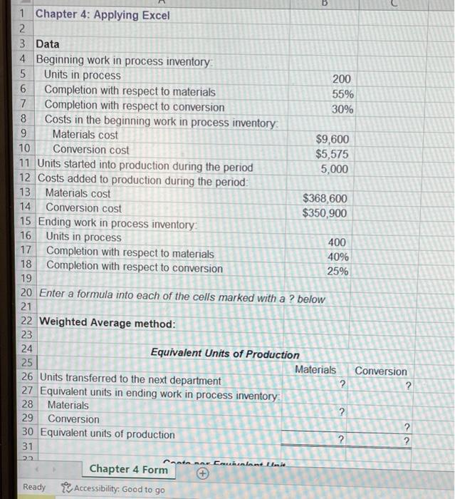 Solved 1 Chapter 4: Applying Excel 3 Data 4 Beginning work | Chegg.com
