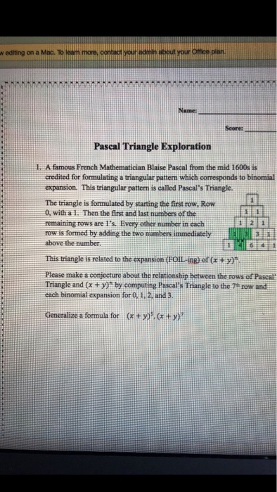 Solved w editing on a Mac. Teles Pascal Triangle Exploration | Chegg.com