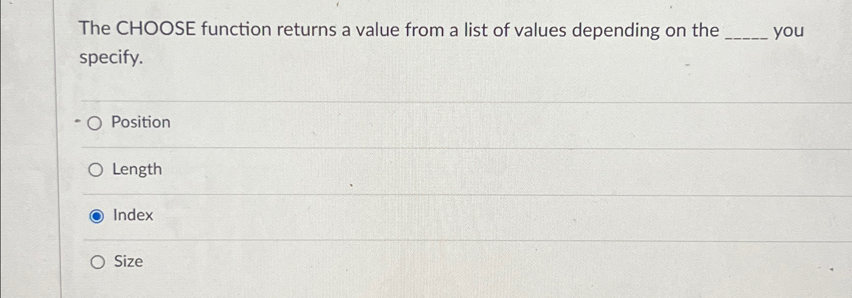 Solved The CHOOSE function returns a value from a list of | Chegg.com