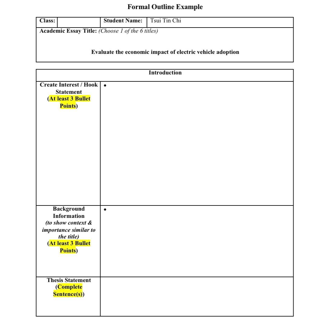Formal Outline Example\table[[Class:,Student | Chegg.com