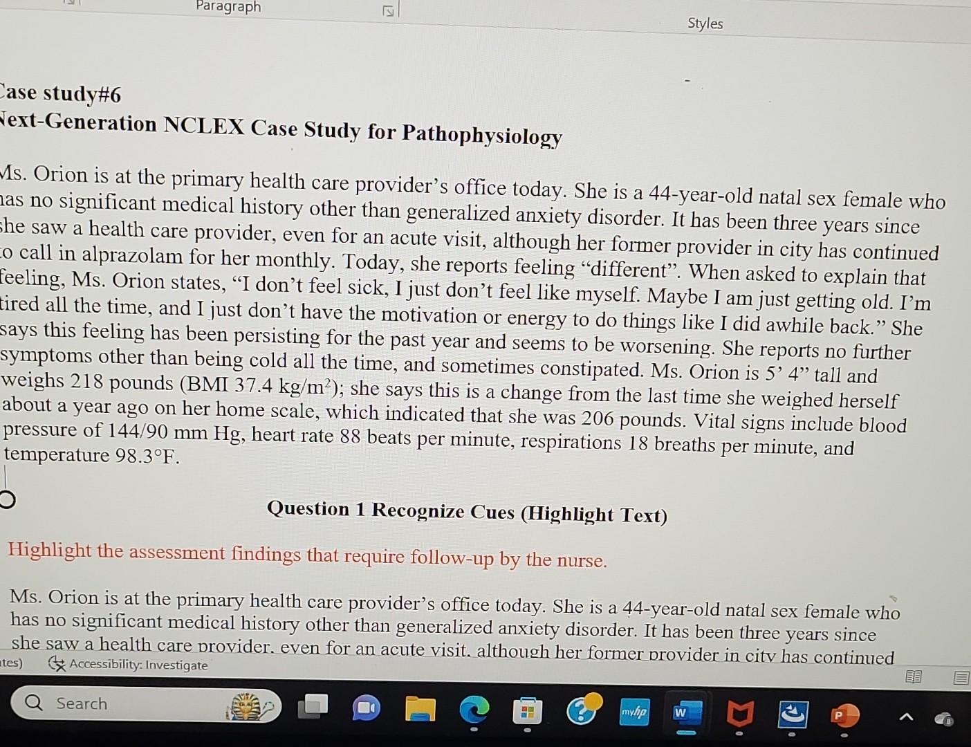Solved Text-Generation NCLEX Case Study for Pathophysiology | Chegg.com