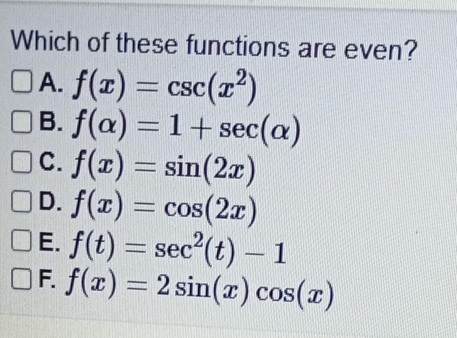 Solved Which of these functions are even? A. f(x)=csc(x2) B. | Chegg.com