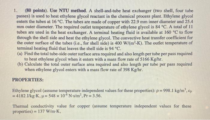 Solved 1. (80 points). Use NTU method. A shell-and-tube heat | Chegg.com