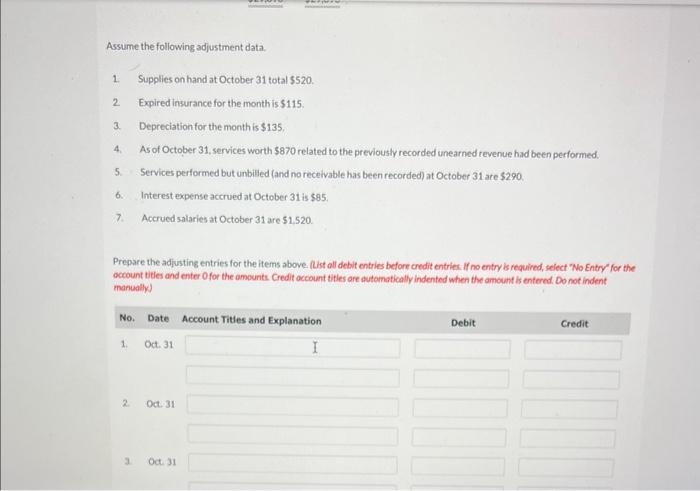 Solved Assume the following adjustment data. 1. Supplies on | Chegg.com