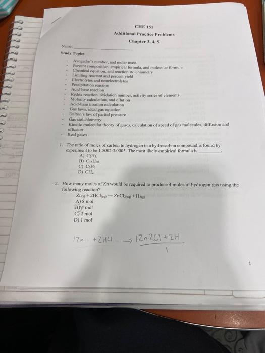 Solved CHE 151 Additional Practice Problems Chapter 3,4,5 | Chegg.com