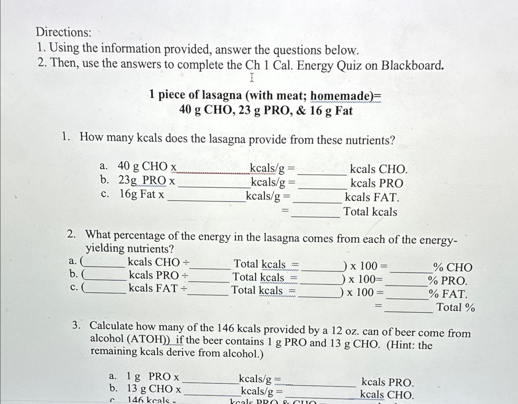 Solved Directions:Using the information provided, answer the | Chegg.com