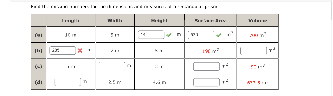 Solved Find the missing numbers for the dimensions and | Chegg.com