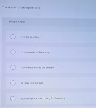 Solved The function of endosperm is toMultiple Choiceform | Chegg.com