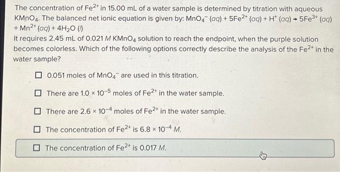 Solved The concentration of Fe²+ in 15.00 mL of a water | Chegg.com