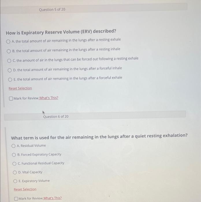 Solved Question 5 of 20 How is Expiratory Reserve Volume | Chegg.com