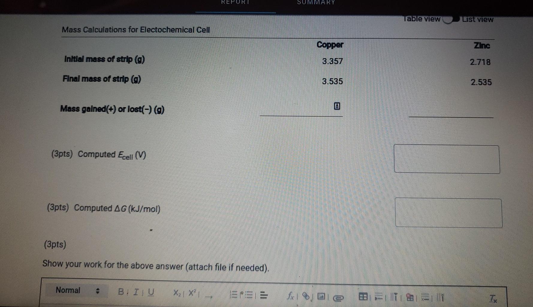 Solved REPORT SUMMARY Table view List View Mass Calculations | Chegg.com