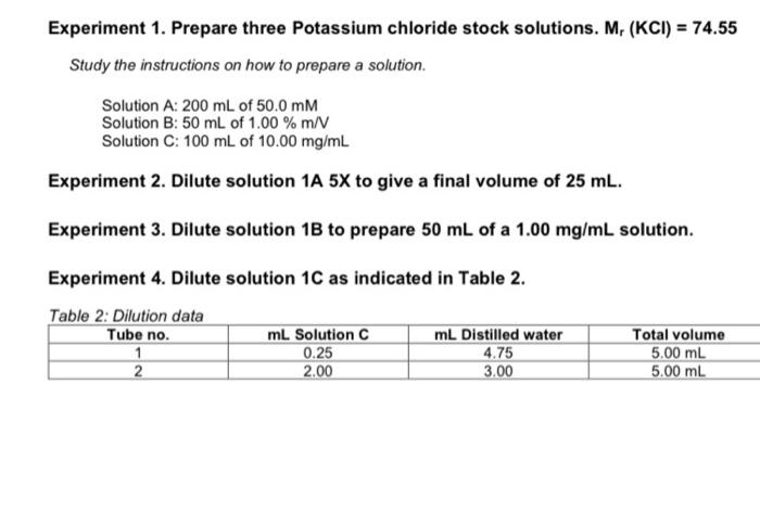 [Solved]: Experiment 1. Prepare three Potassium chloride st