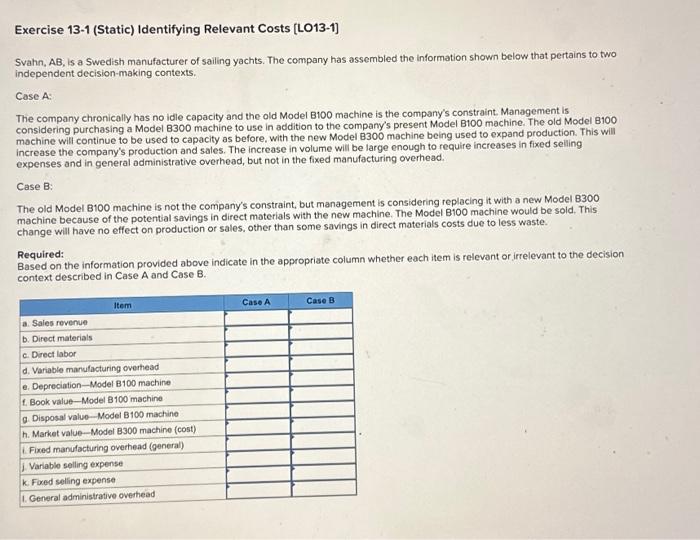 Solved Exercise 13-1 (Static) Identifying Relevant Costs | Chegg.com