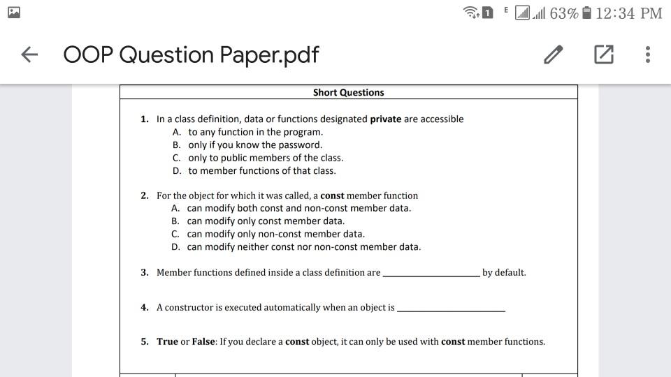 Solved E Lall 63% 12:34 PM OOP Question Paper.pdf : Short | Chegg.com