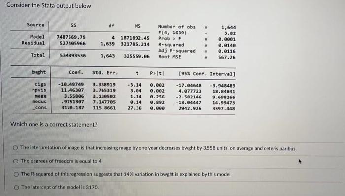 Solved Consider the Stata output below Source SS df MS Model | Chegg.com