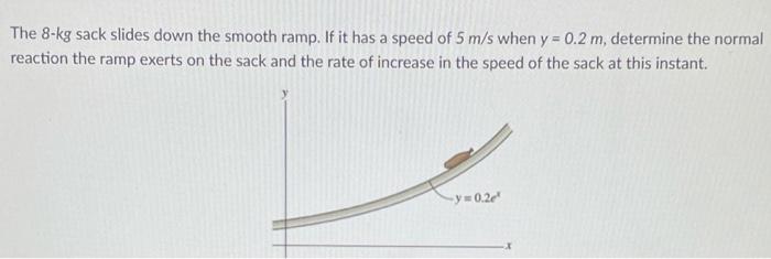 Solved The 8-kg sack slides down the smooth ramp. If it has | Chegg.com