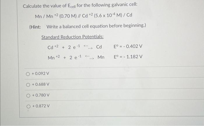 Solved Calculate the value of E∘ cell for the following | Chegg.com