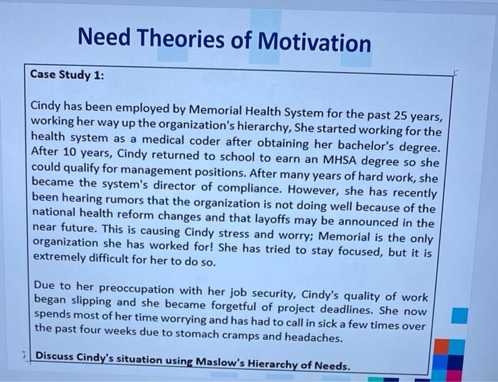 Solved Need Theories of Motivation Case Study 1: Cindy has | Chegg.com