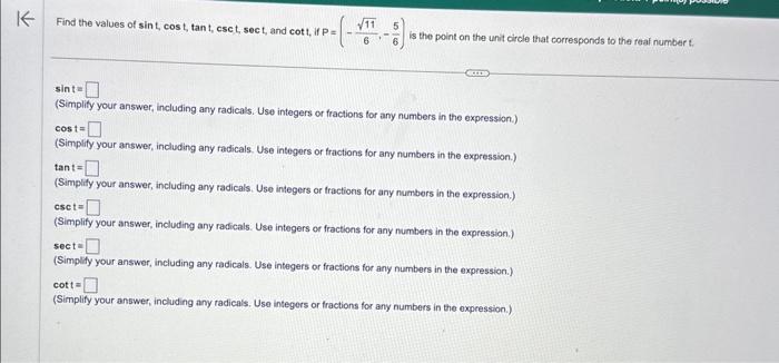 Solved Find the values of sint, cost, tan t, csct, sec t, | Chegg.com