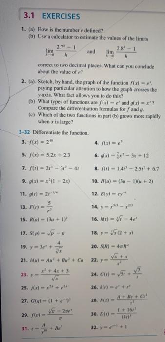 Solved 3.1 EXERCISES 1. (a) How is the number e defined? (b) | Chegg.com